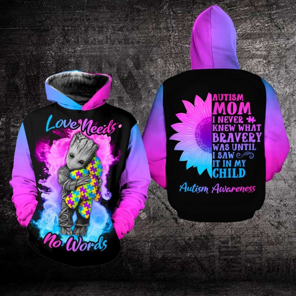 Baby Groot Love Needs No Words Autism Awareness Hoodie, Autism Apparel