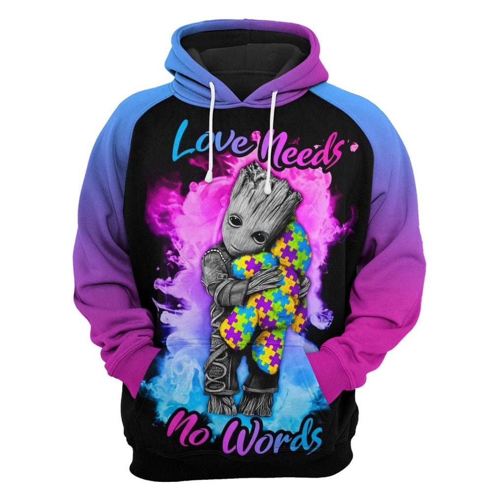Baby Groot Love Needs No Words Autism Awareness Hoodie, Autism Apparel